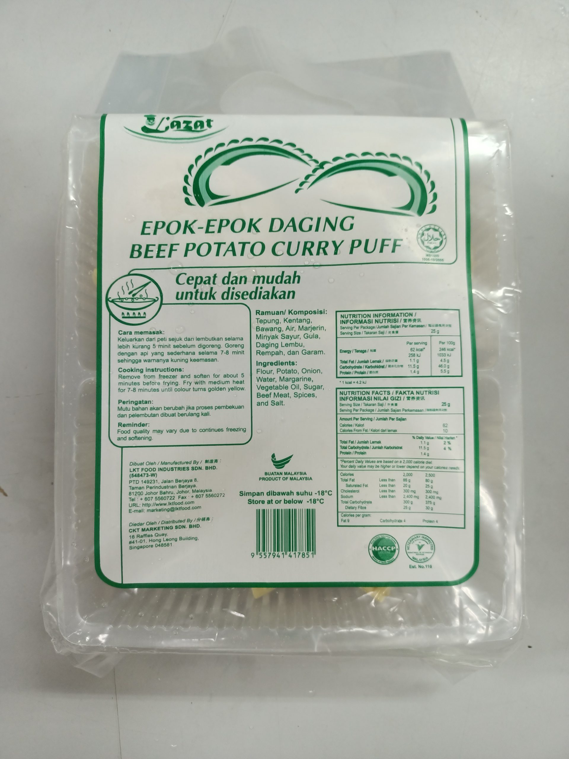 LAZAT BEEF POTATO CURRY PUFF 500GM – C&S Frozen Food